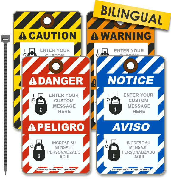 Custom Bilingual ANSI Z535 Tag (Package of 25 tags + ties) - Save 10%
